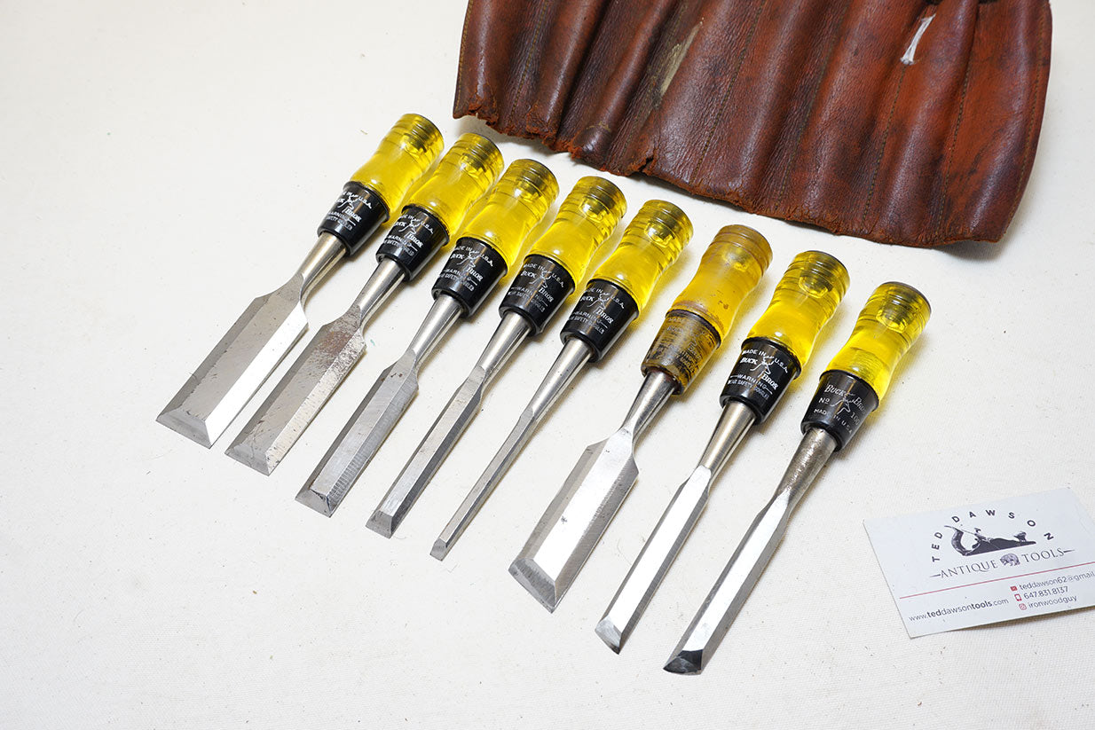 SET OF 8 BUCK BROS NO 100 BUTT CHISELS 1 4 1 1 4 IN FITTED LEATH Ted Dawson Antique Tools