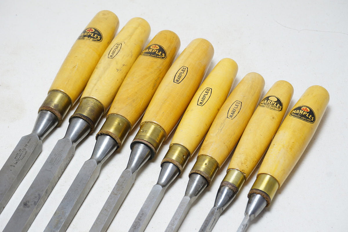 OUTSTANDING SET OF 8 MARPLES NO. 737 BOXWOOD HANDLED SASH MORTISE CHIS ...
